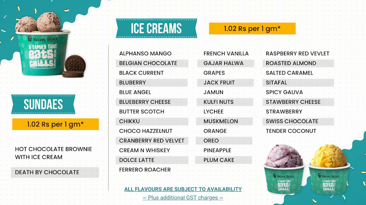 Menu at Kelvin Scale Creamery Ice Creams and Waffles, Chennai