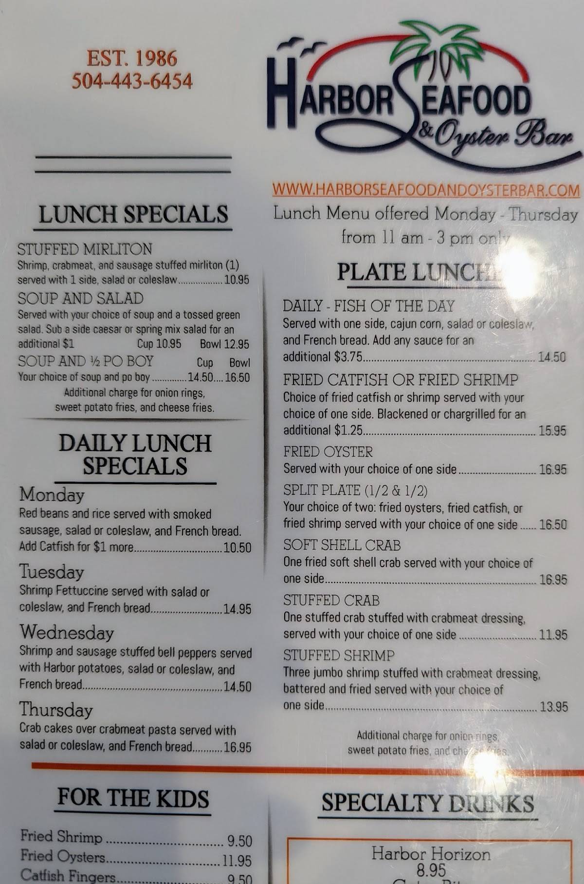 Menu at Harbor Seafood & Oyster Bar, Kenner
