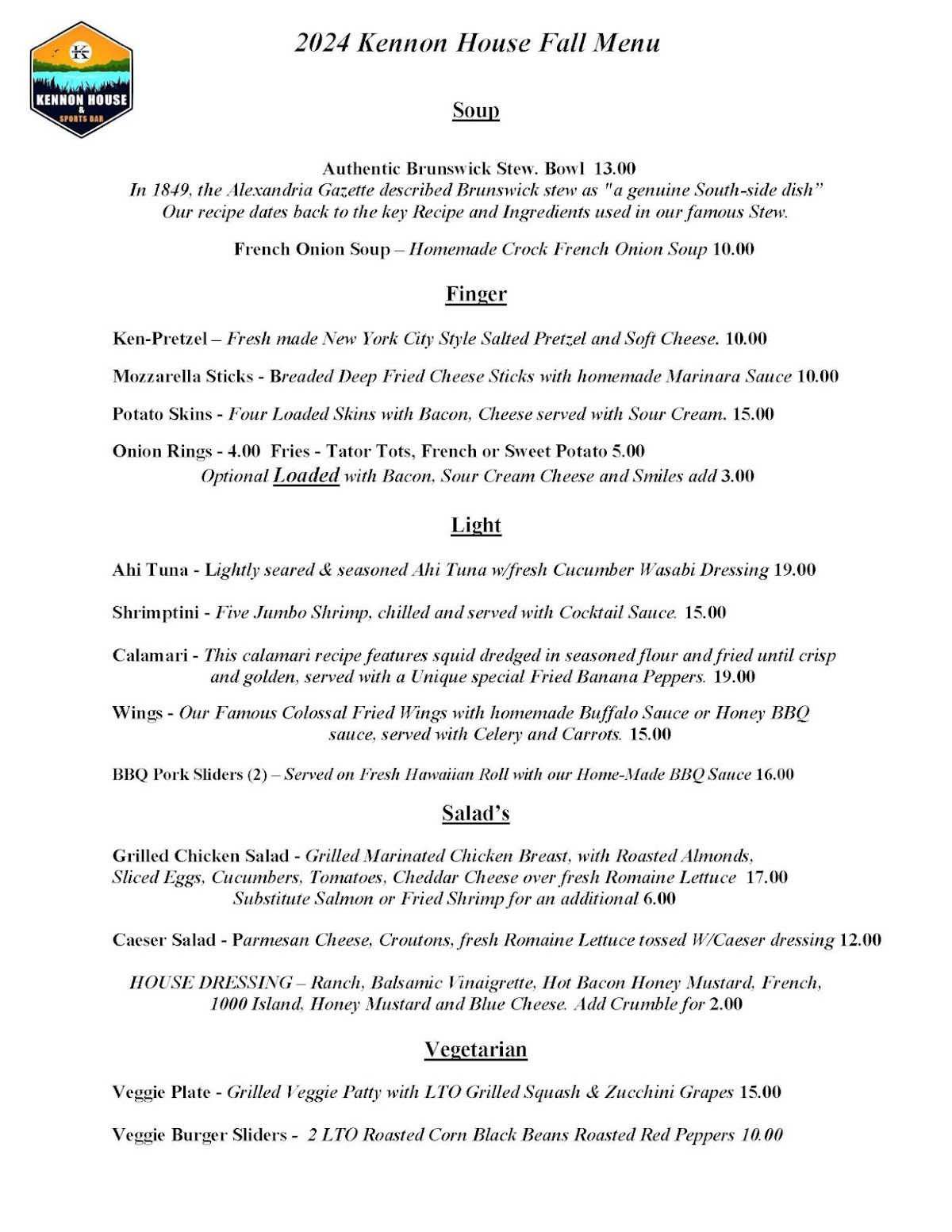 Menu at The Kennon House restaurant, Valentines