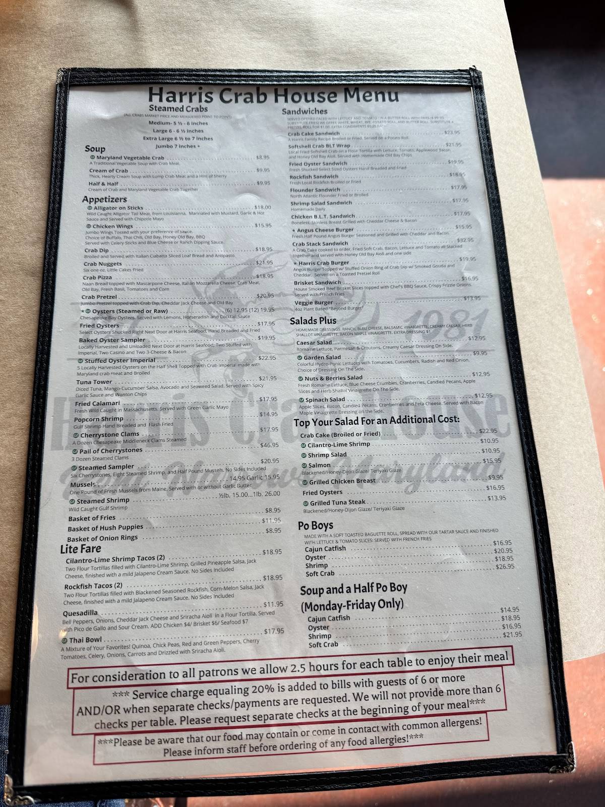 Menu at Harris Crab House restaurant, Grasonville