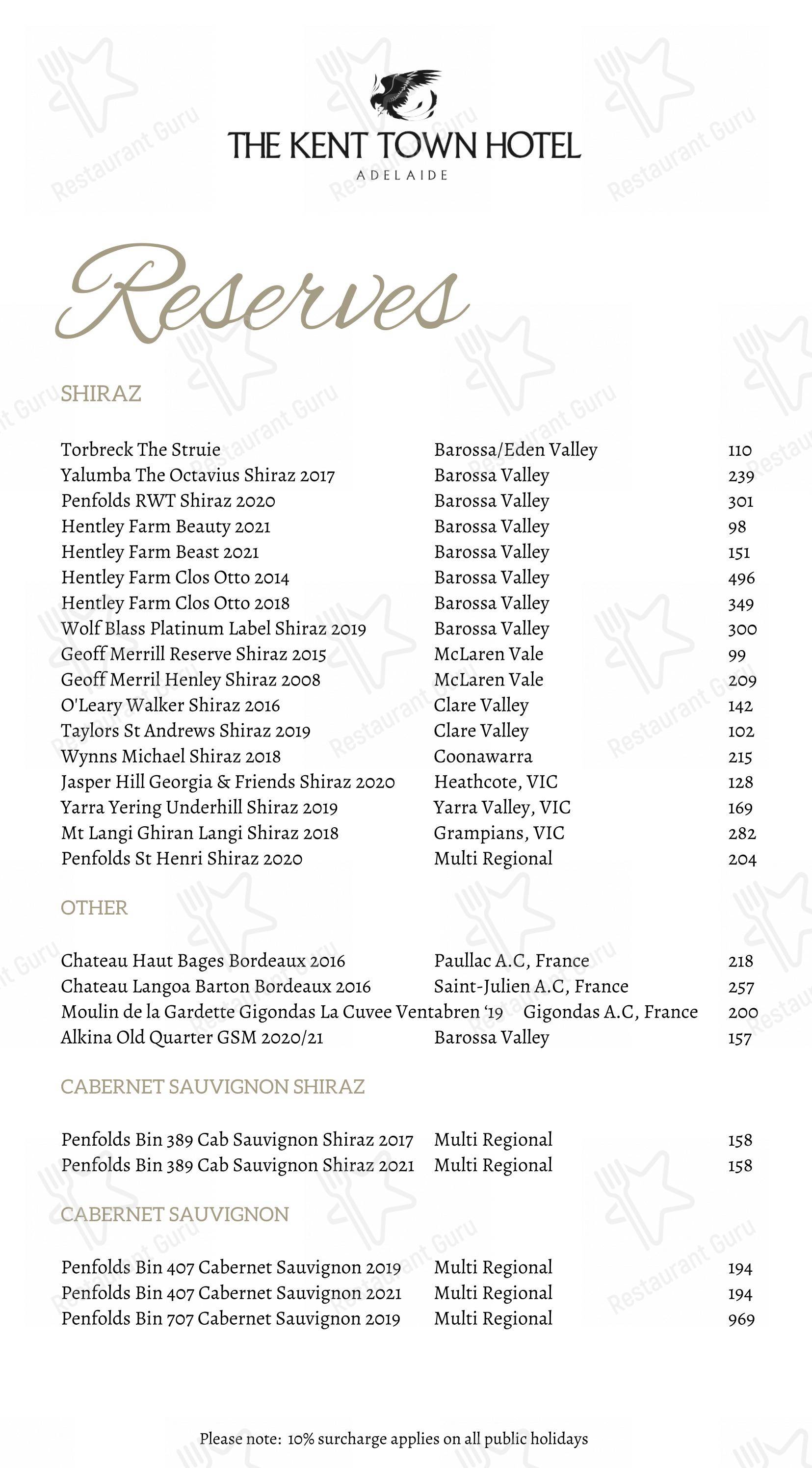 Menu at Kent Town Hotel pub & bar, Kent Town