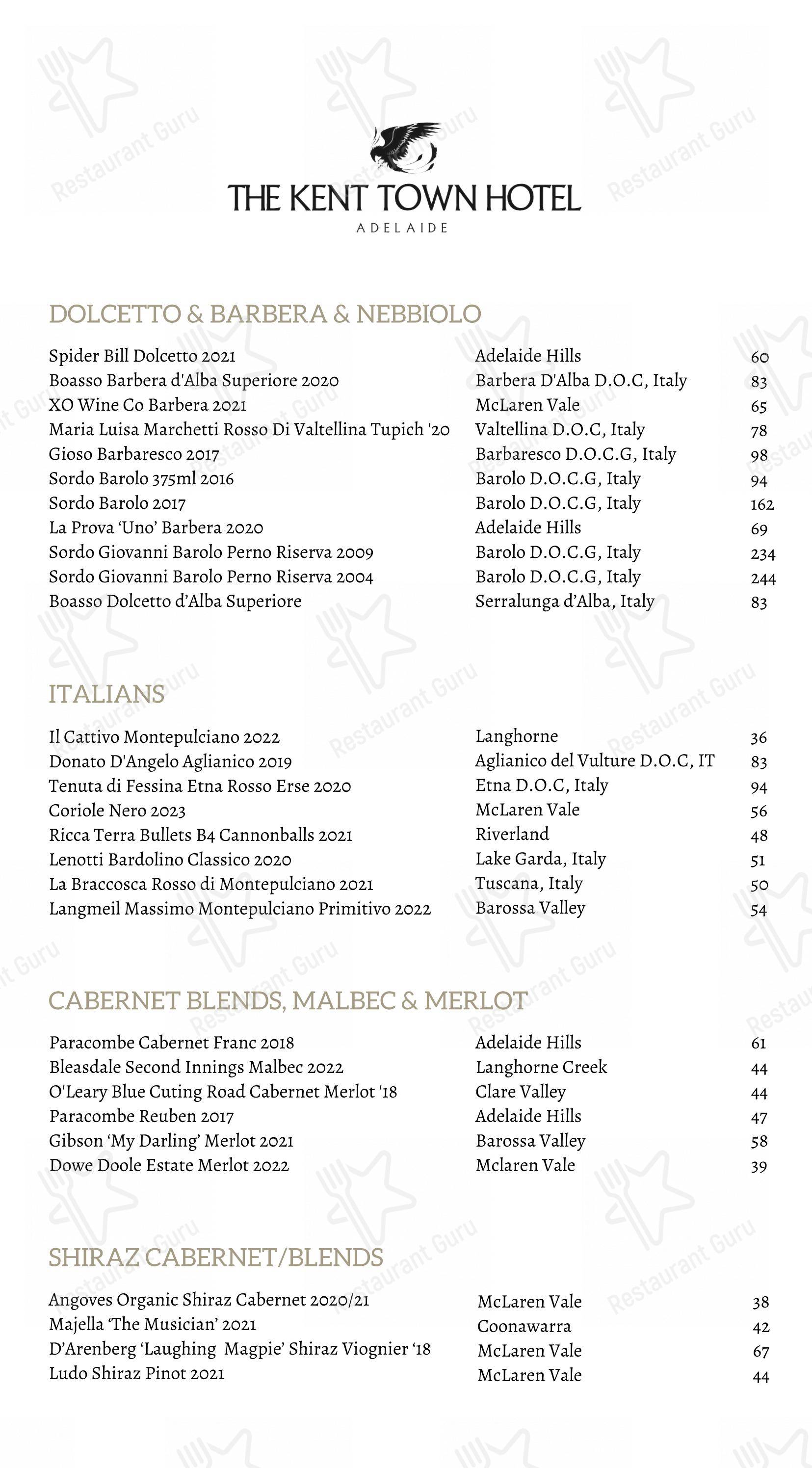 Menu at Kent Town Hotel pub & bar, Kent Town