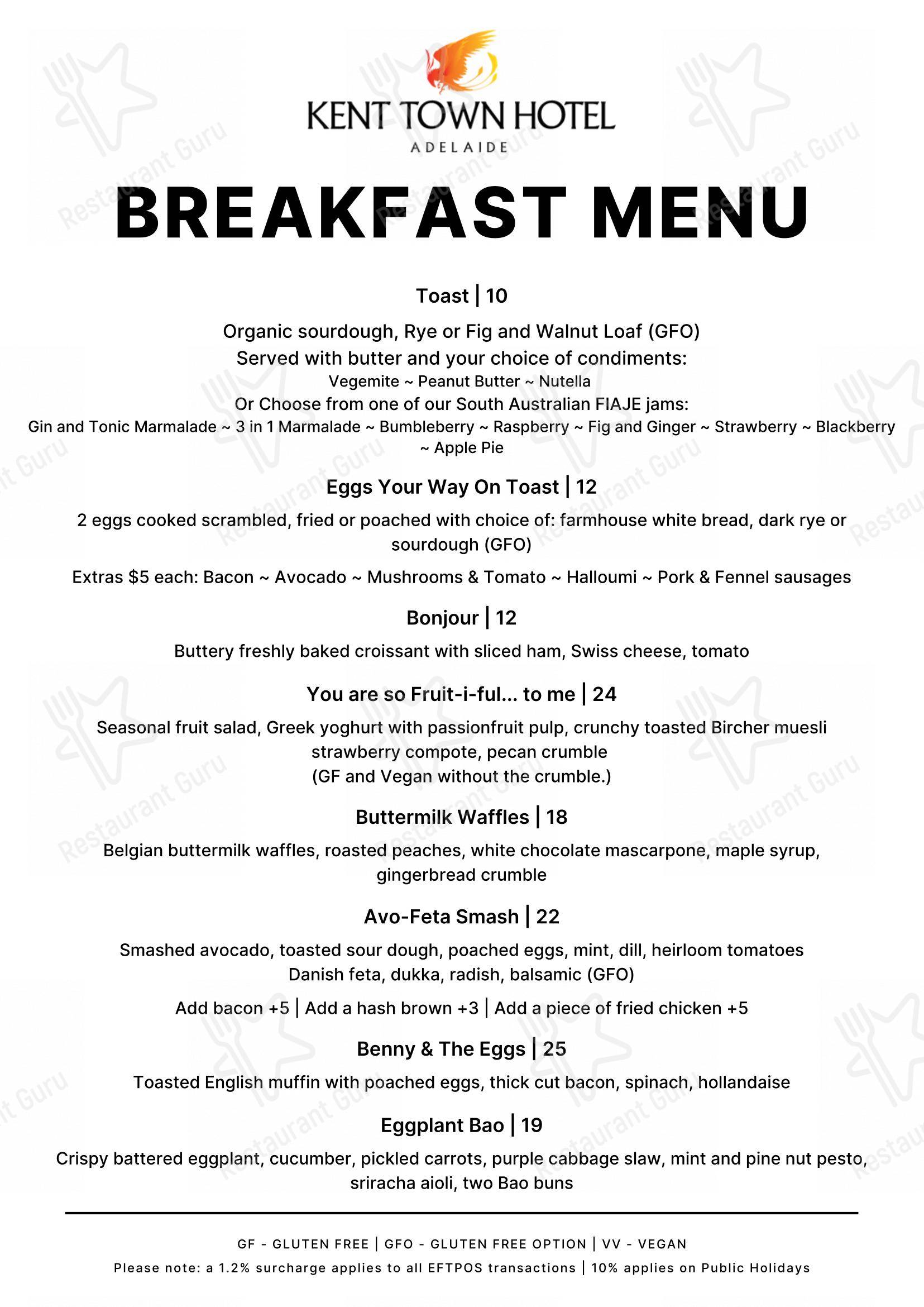 Menu at Kent Town Hotel pub & bar, Kent Town