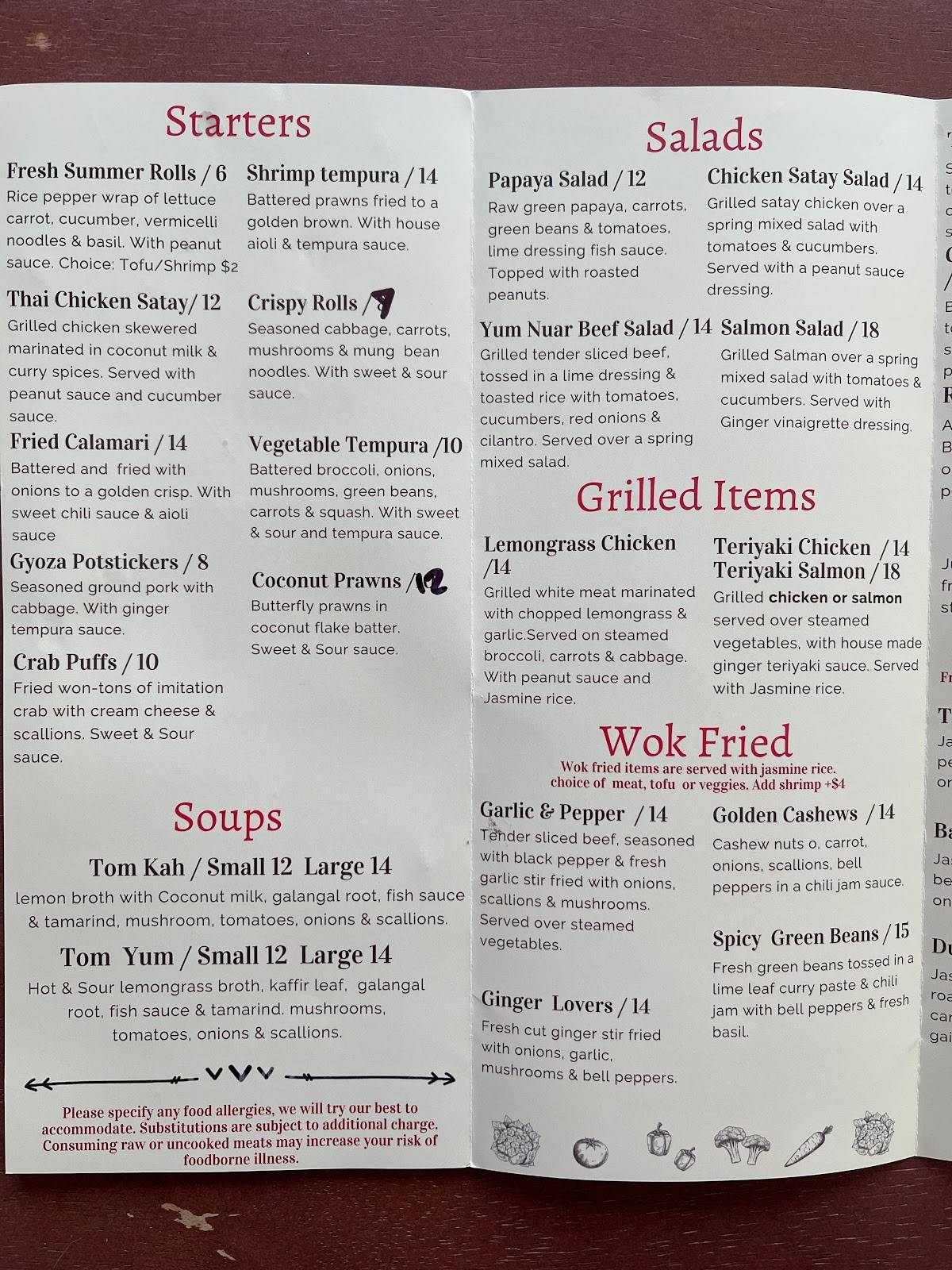 Menu at Khun Thai restaurant, Brookings
