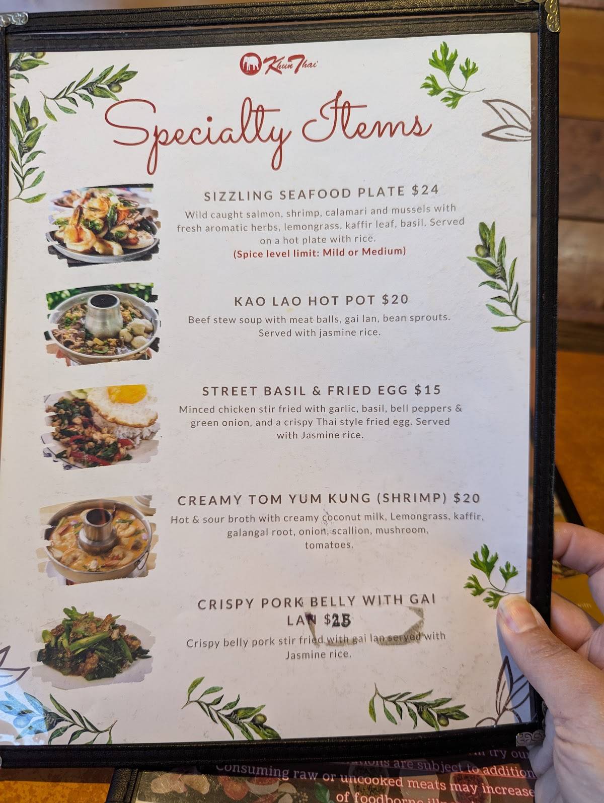 Menu at Khun Thai restaurant, Brookings