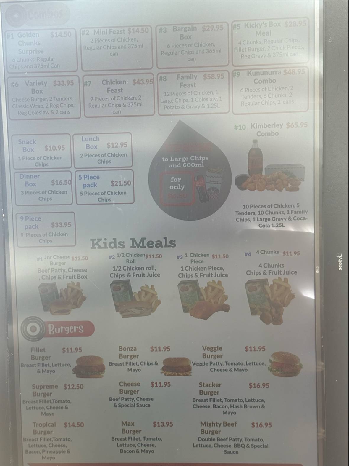 Menu at Kickys Take Away restaurant, Kununurra