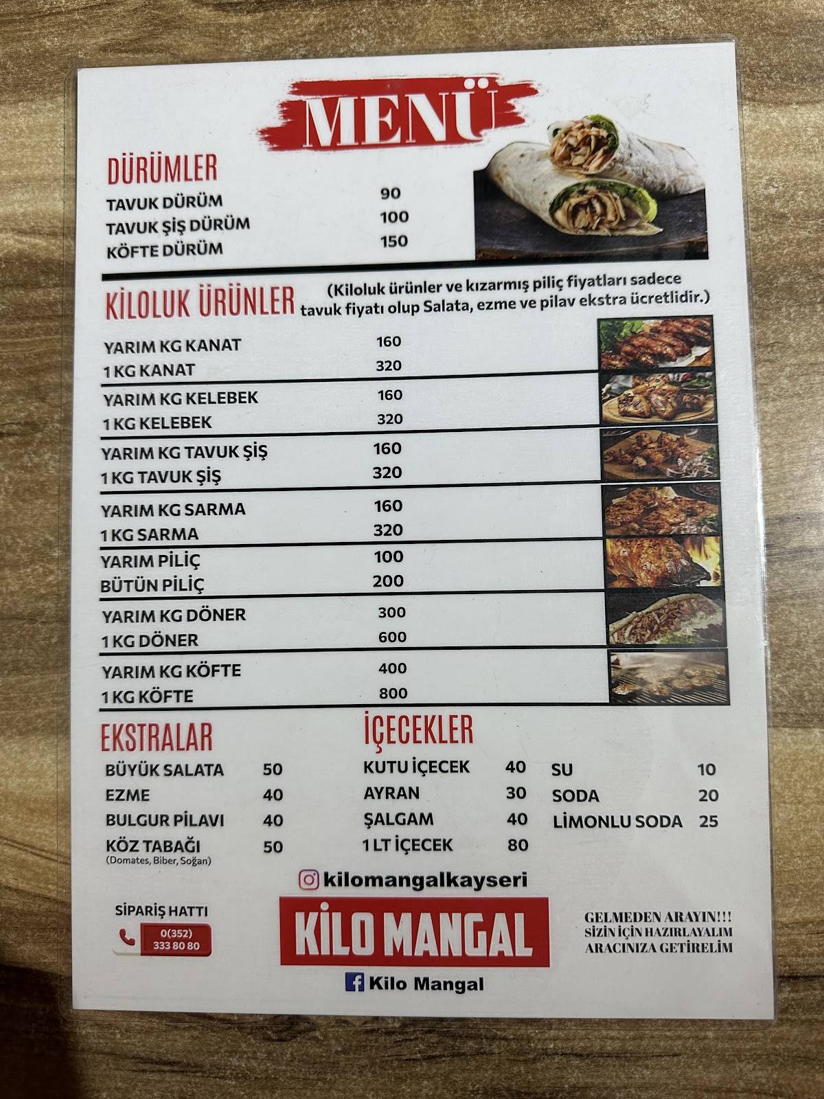 Menu at Kilo Mangal, Kayseri