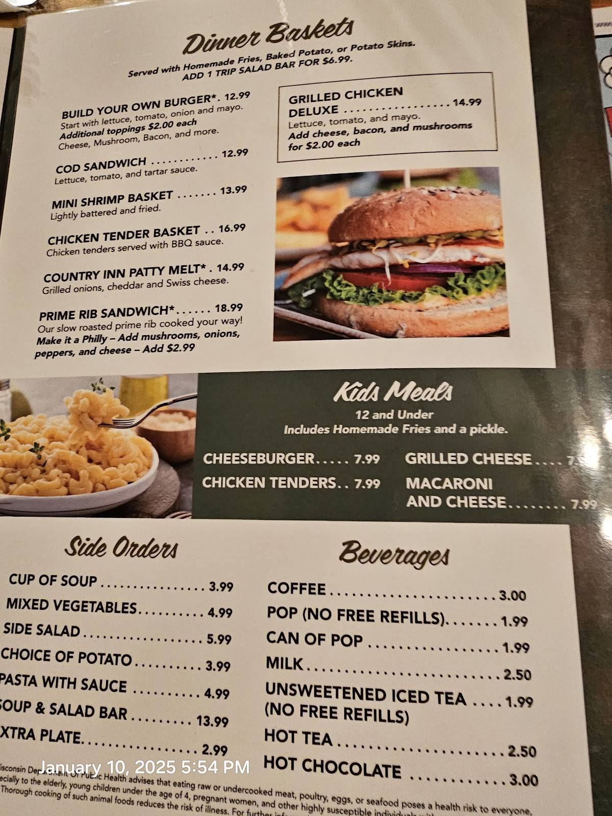 Menu at Kincaid’s Country Inn restaurant, Rice Lake, County Hwy SS