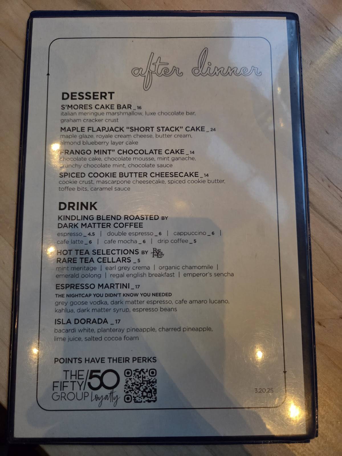 Menu at Kindling Downtown Cookout & Cocktails desserts, Chicago