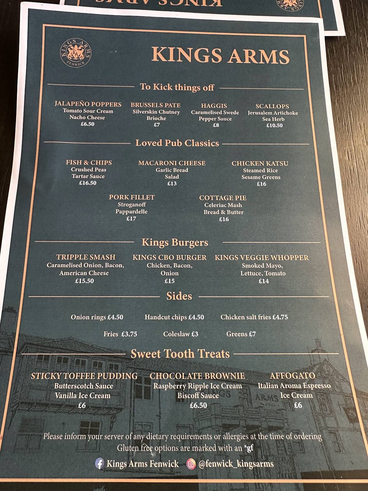 Menu at Kings Arms pub & bar, Fenwick