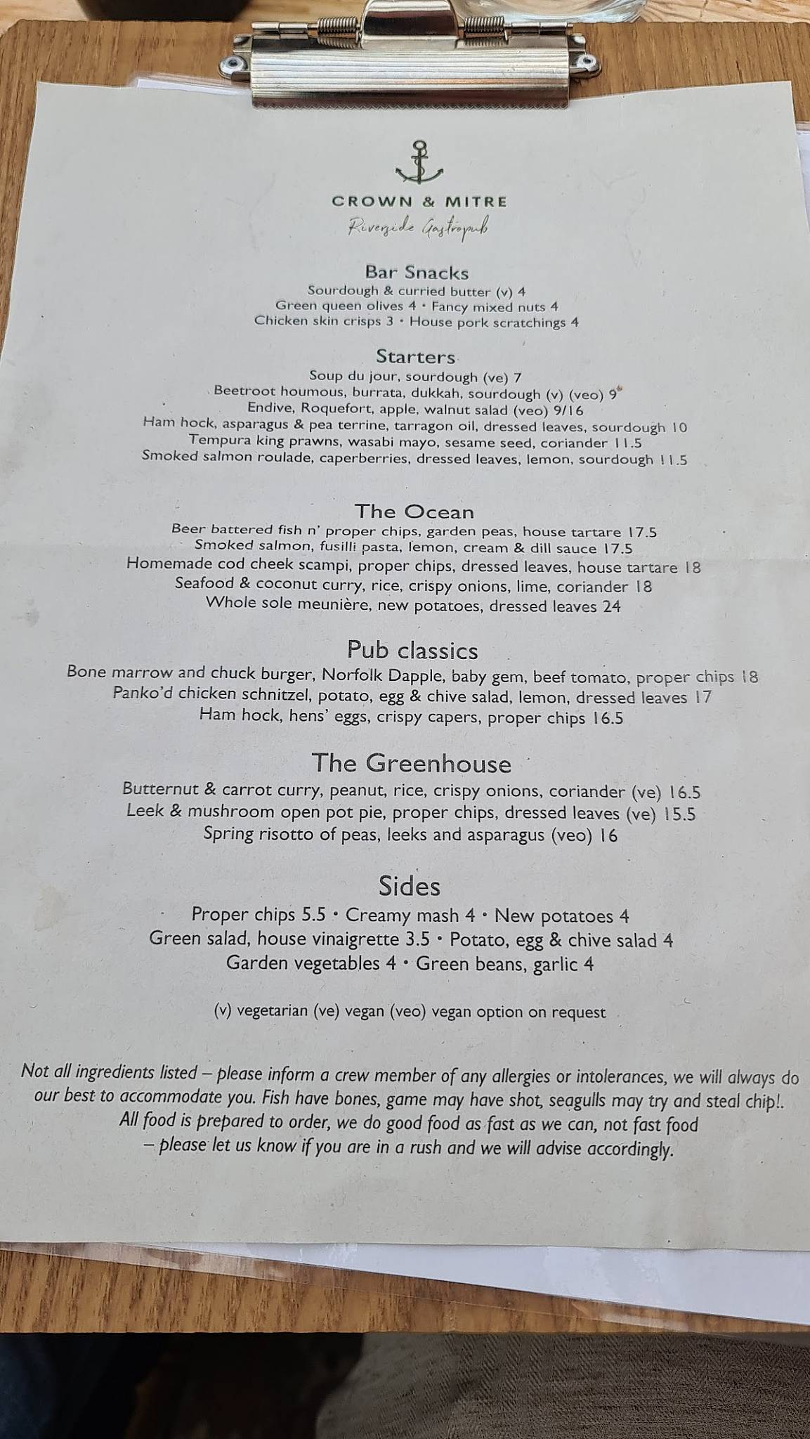Menu at Crown & Mitre pub & bar, King's Lynn