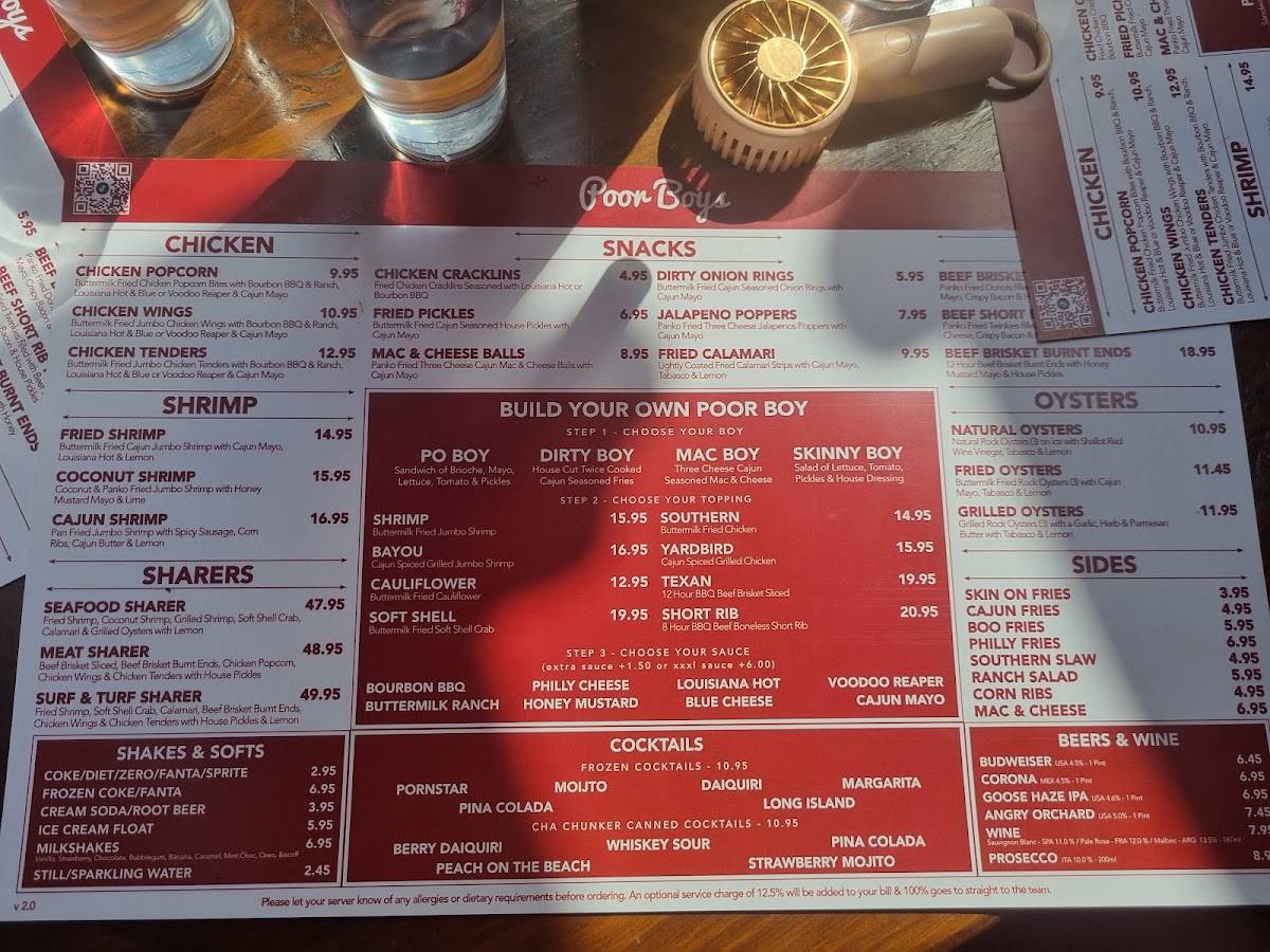 Menu at Poor Boys restaurant, Kingston upon Thames
