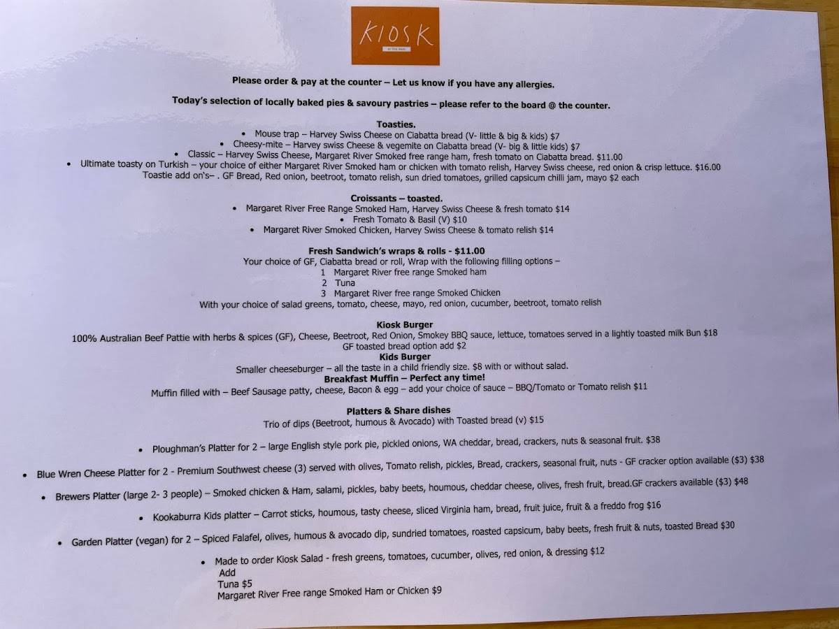 Menu at Kiosk at the Dam- Licensed Cafe, Worsley