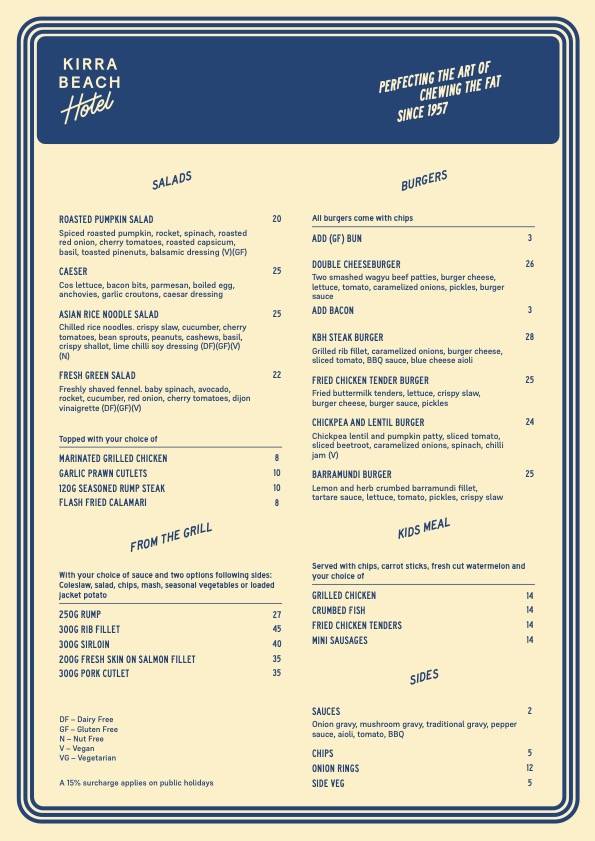 Menu at Kirra Beach Hotel fast food, Coolangatta, 2 Marine Parade