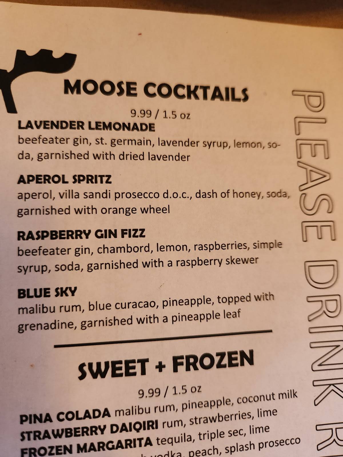 Menu at Moose Winooski's pub & bar, Kitchener