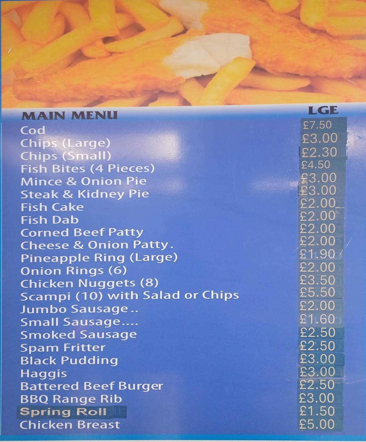 Menu at Kler's Fish Bar, Consett