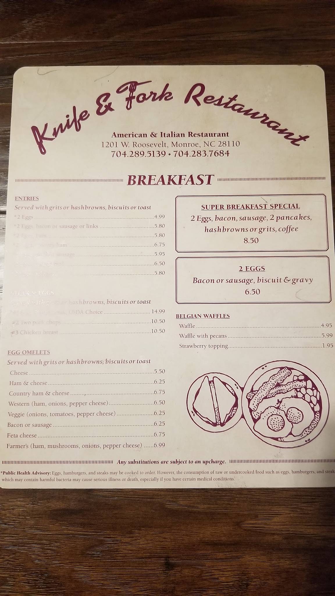 Menu at Knife & Fork Restaurant, Monroe