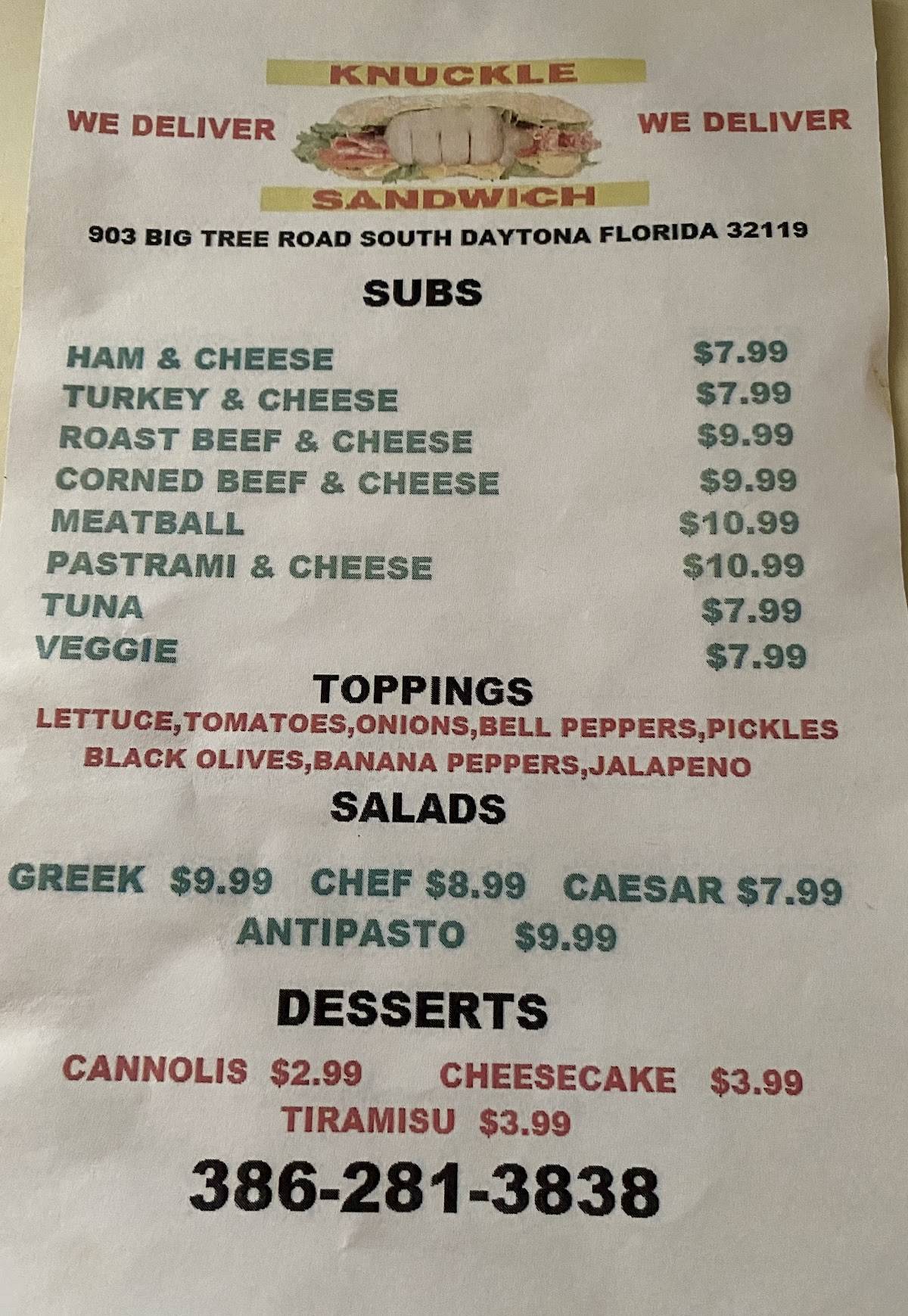 Menu at Knuckle Sandwich Pizza Wings & More restaurant, South Daytona