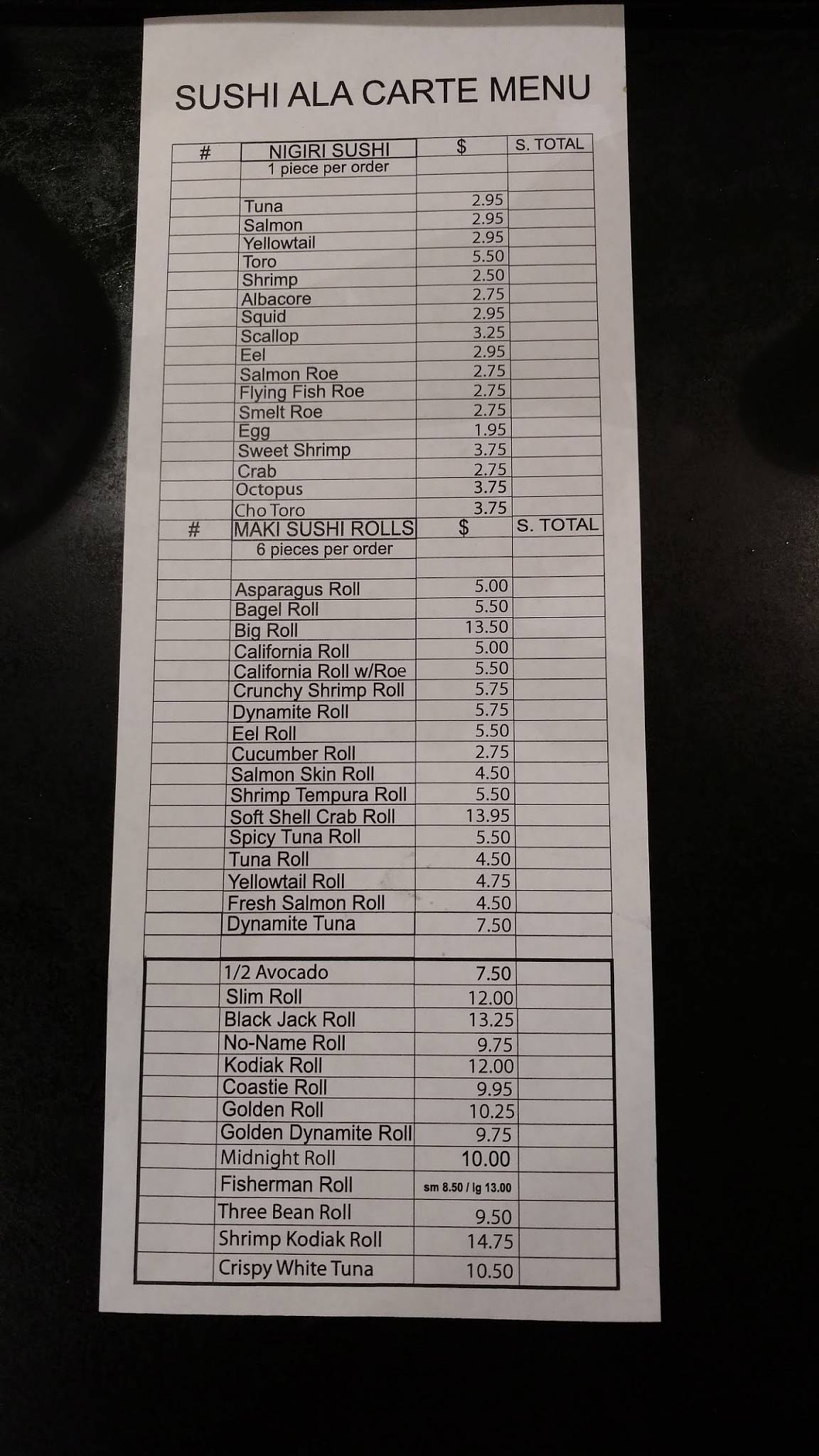 Menu at Kodiak Hana Restaurant, Kodiak
