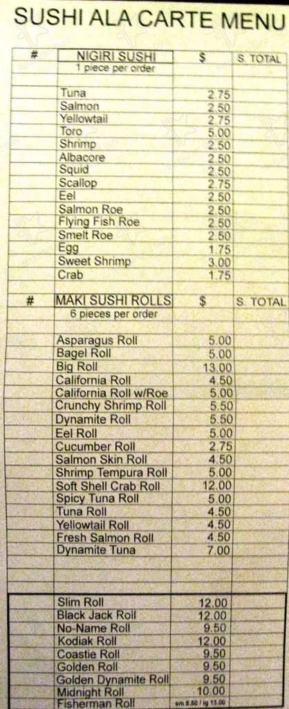 Menu at Kodiak Hana Restaurant, Kodiak