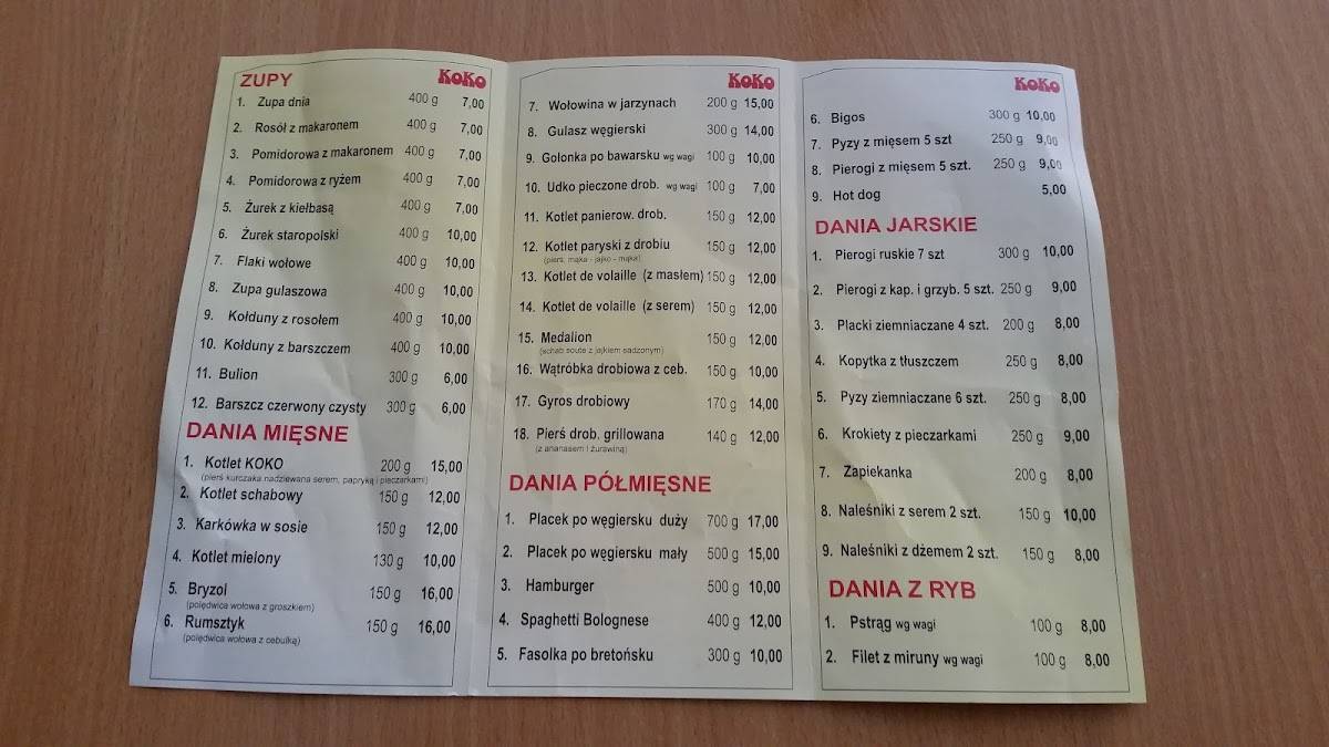 Menu at Koko Bar. Dziuba K. w Szczecinku, Szczecinek