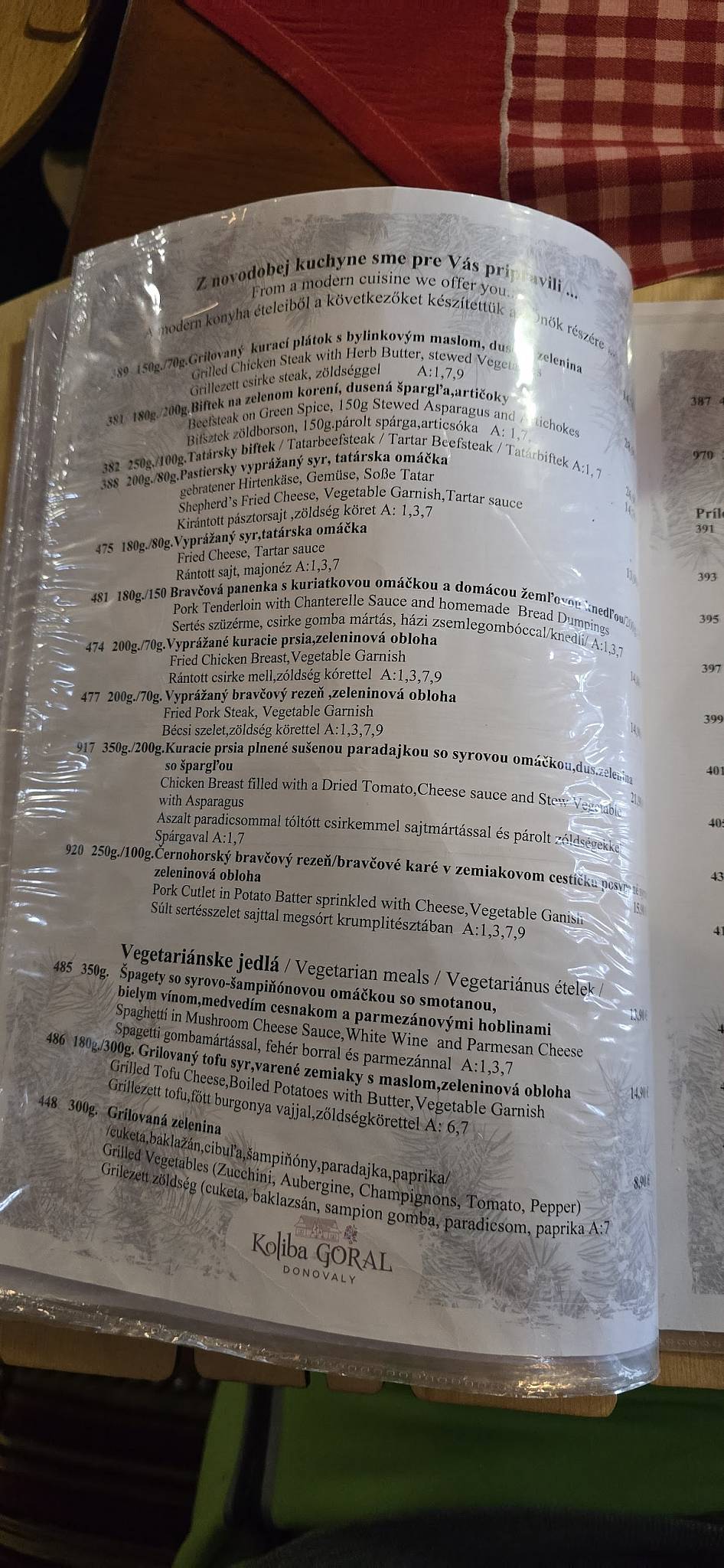Menu at Koliba Goral restaurant, Donovaly