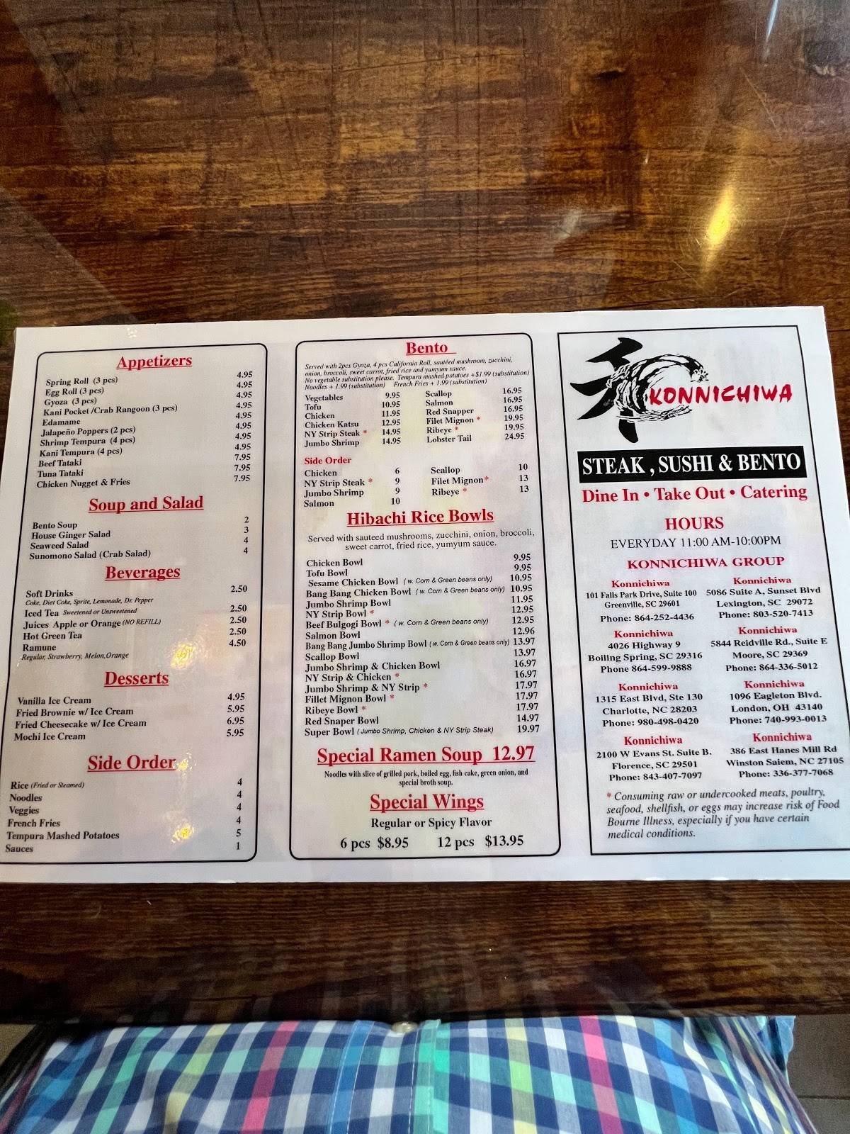 Menu at Konnichiwa of Lexington, SC restaurant, Lexington