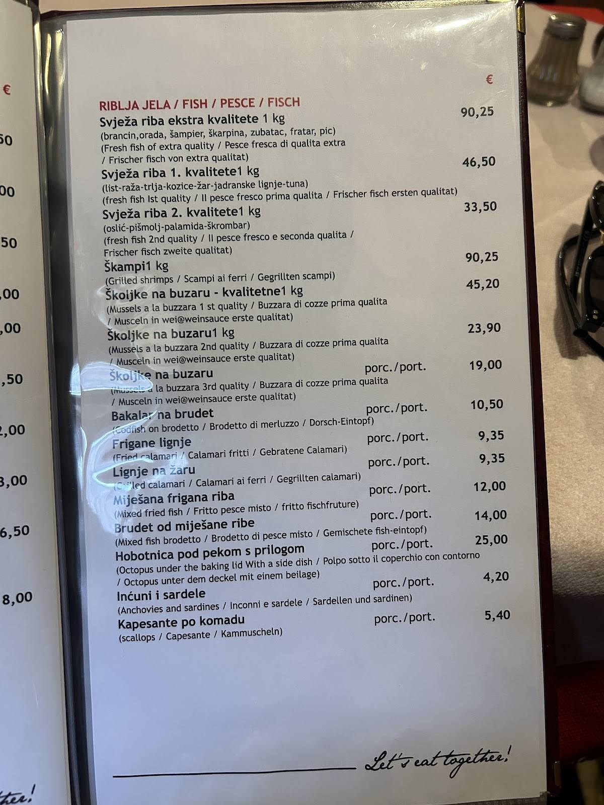 Menu at Konoba Fiume restaurant, Rijeka