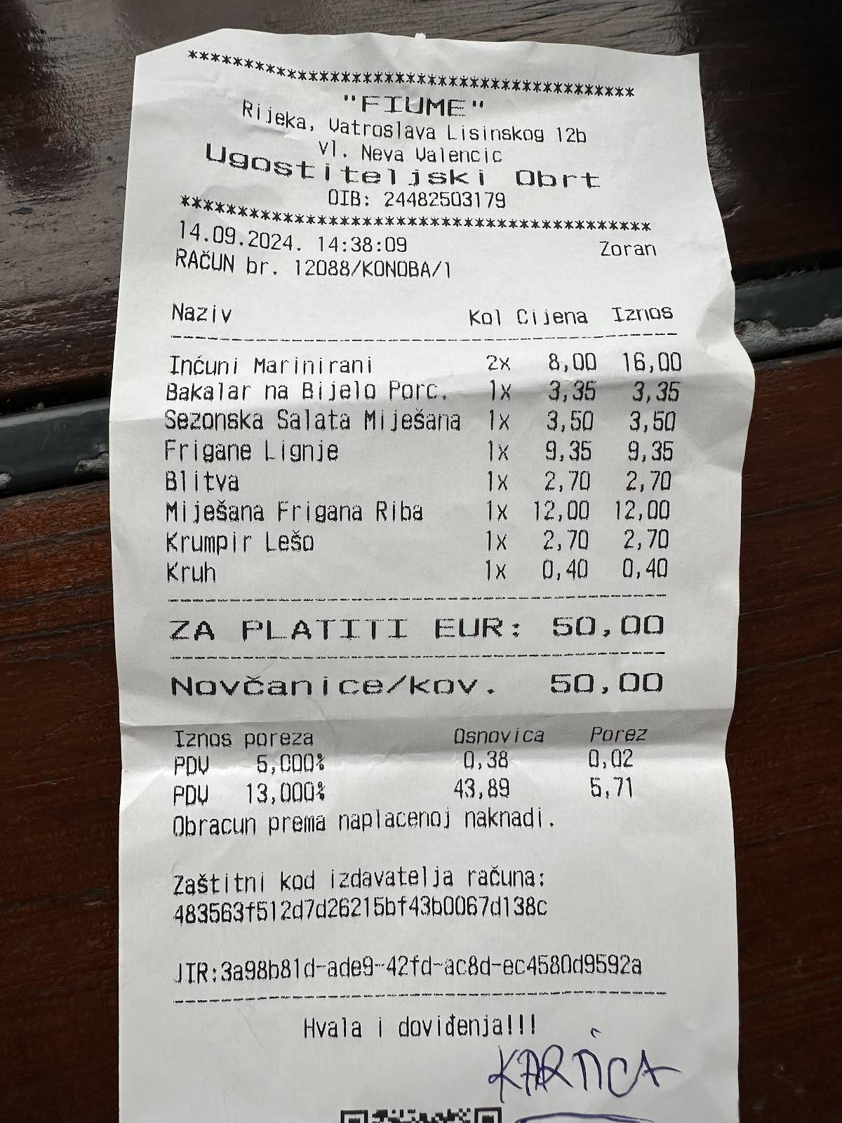 Menu at Konoba Fiume restaurant, Rijeka