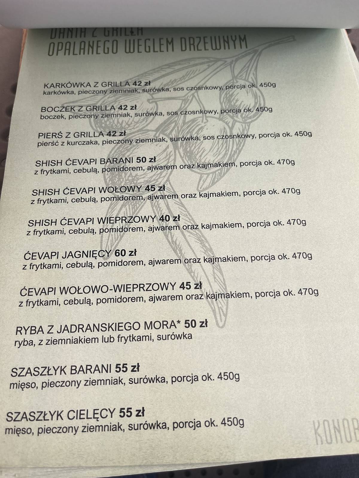 Menu at Konoba Maslina restaurant, Warsaw