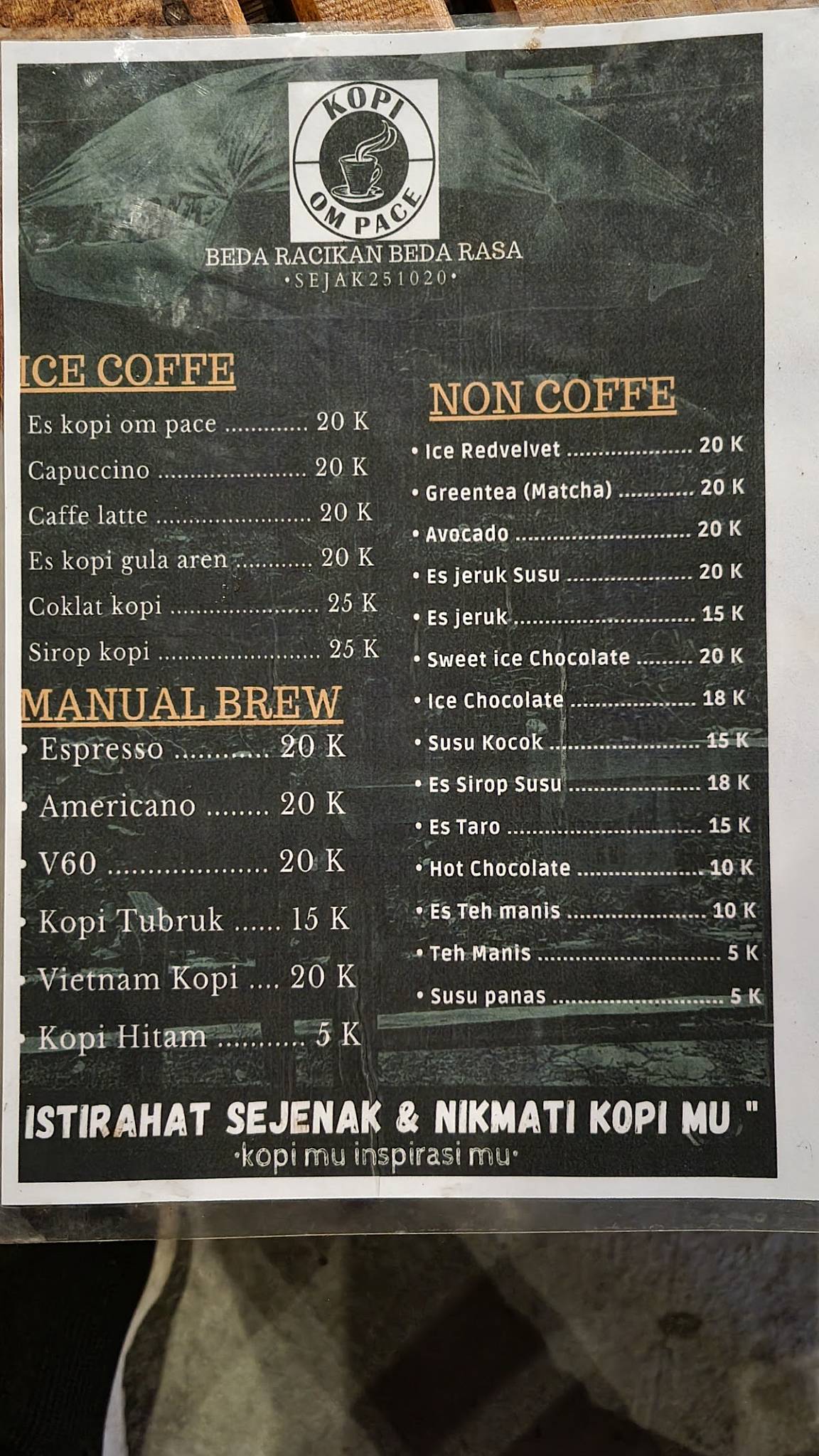 Menu at Kopi Om Pace, Kaimana Kota