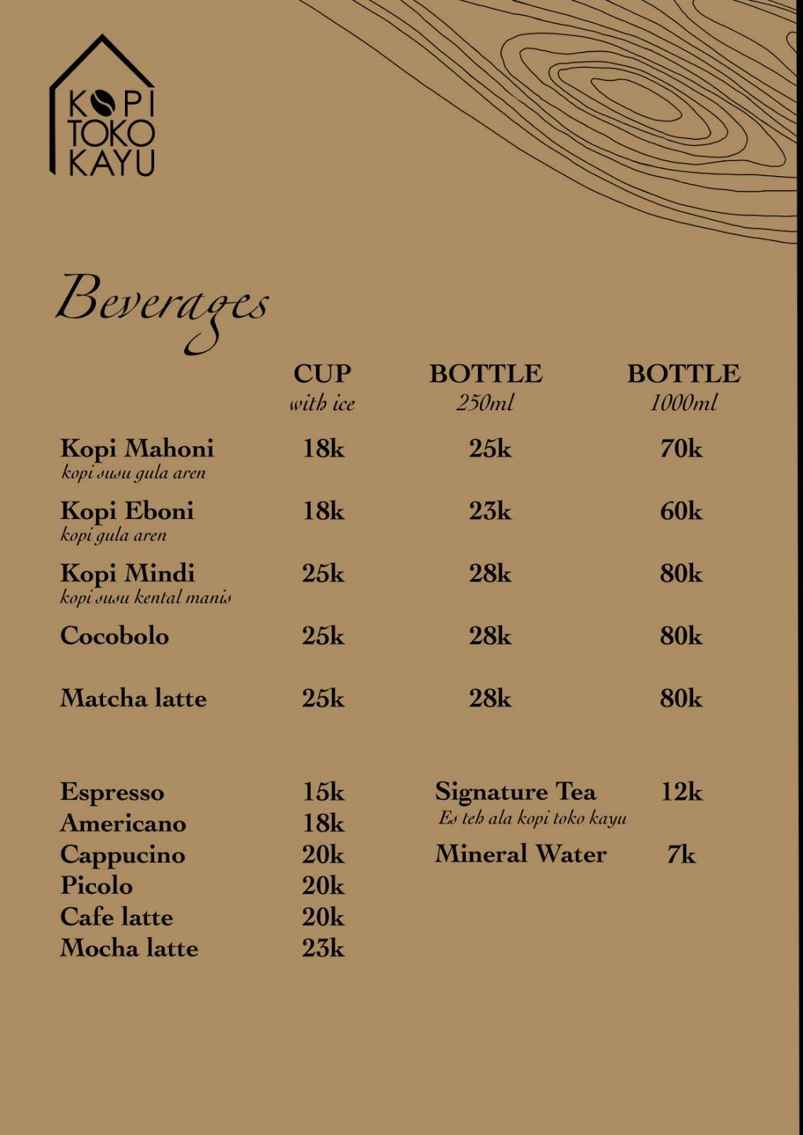 Menu at Kopi Toko Kayu restaurant, Jakarta
