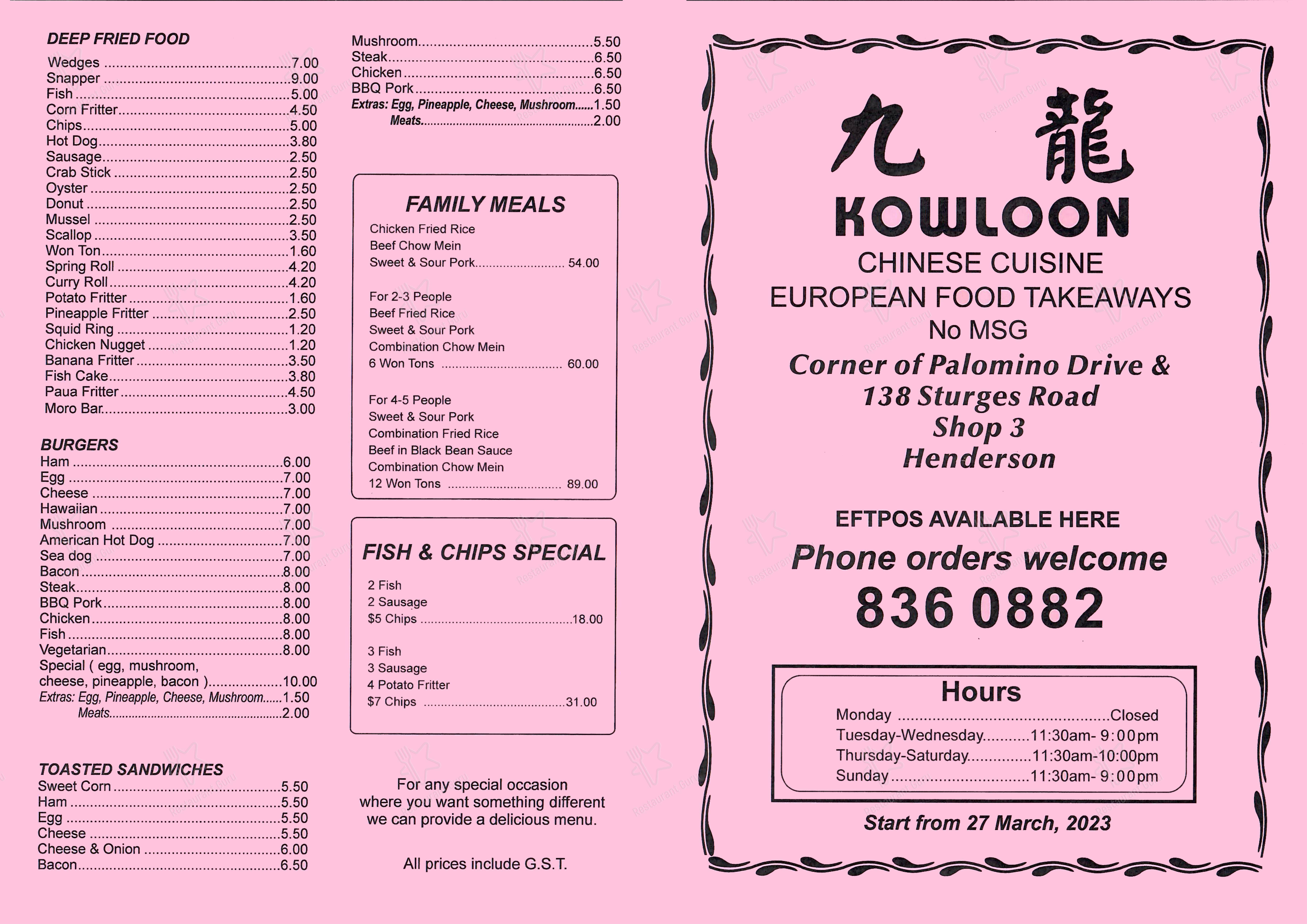Menu at Kowloon Takeaways fast food, Auckland