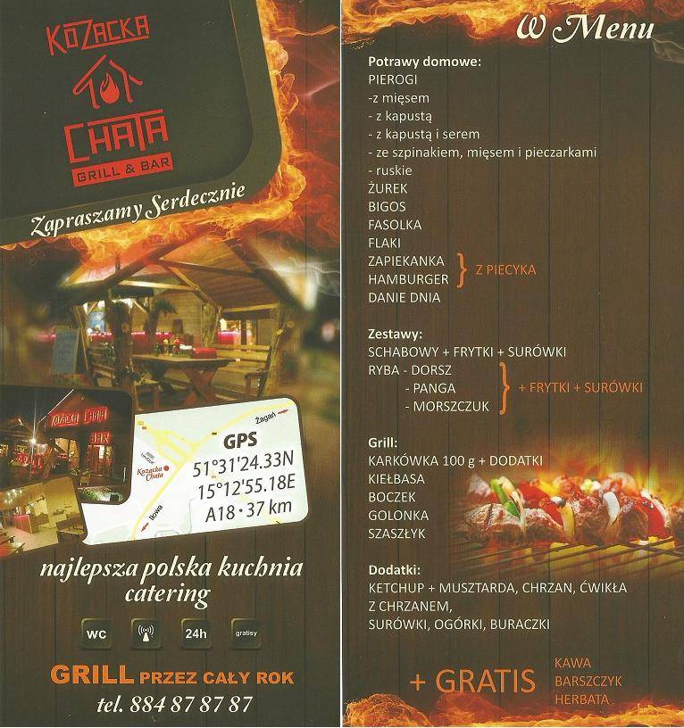 Menu at Kozacka Chata restaurant, Iłowa, Czyżówek 123