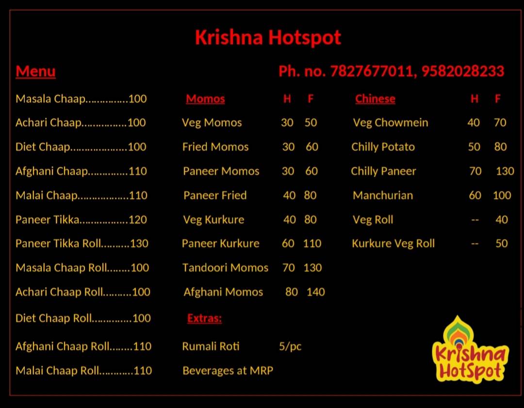 Menu at Krishna Hotspot, Delhi