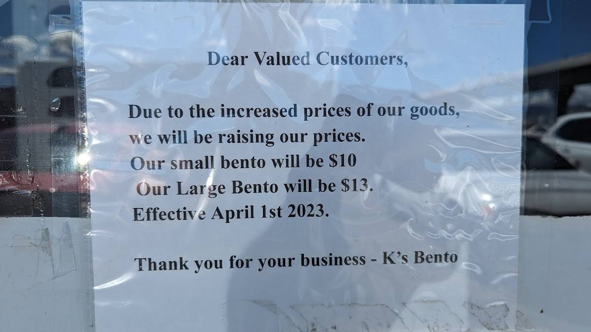 Menu at K's Bento-Ya restaurant, Waipahu