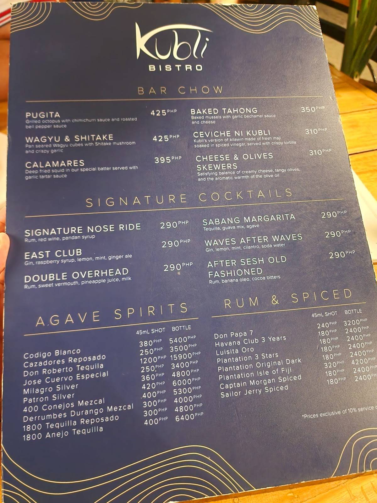 Menu at Kubli Bistro restaurant, Baler