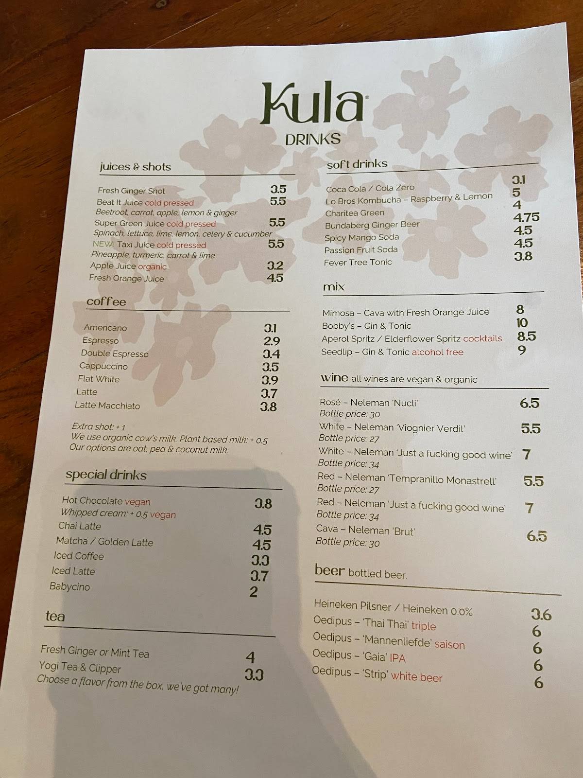 Menu at Kula, Rotterdam