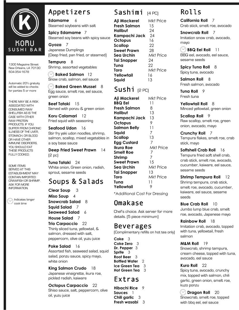 Menu at Kuro Sushi Bar, New Orleans