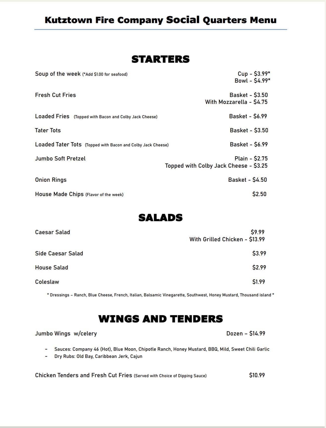 Menu at Kutztown Fire Company Banquet Hall & Social Quarters pub & bar ...