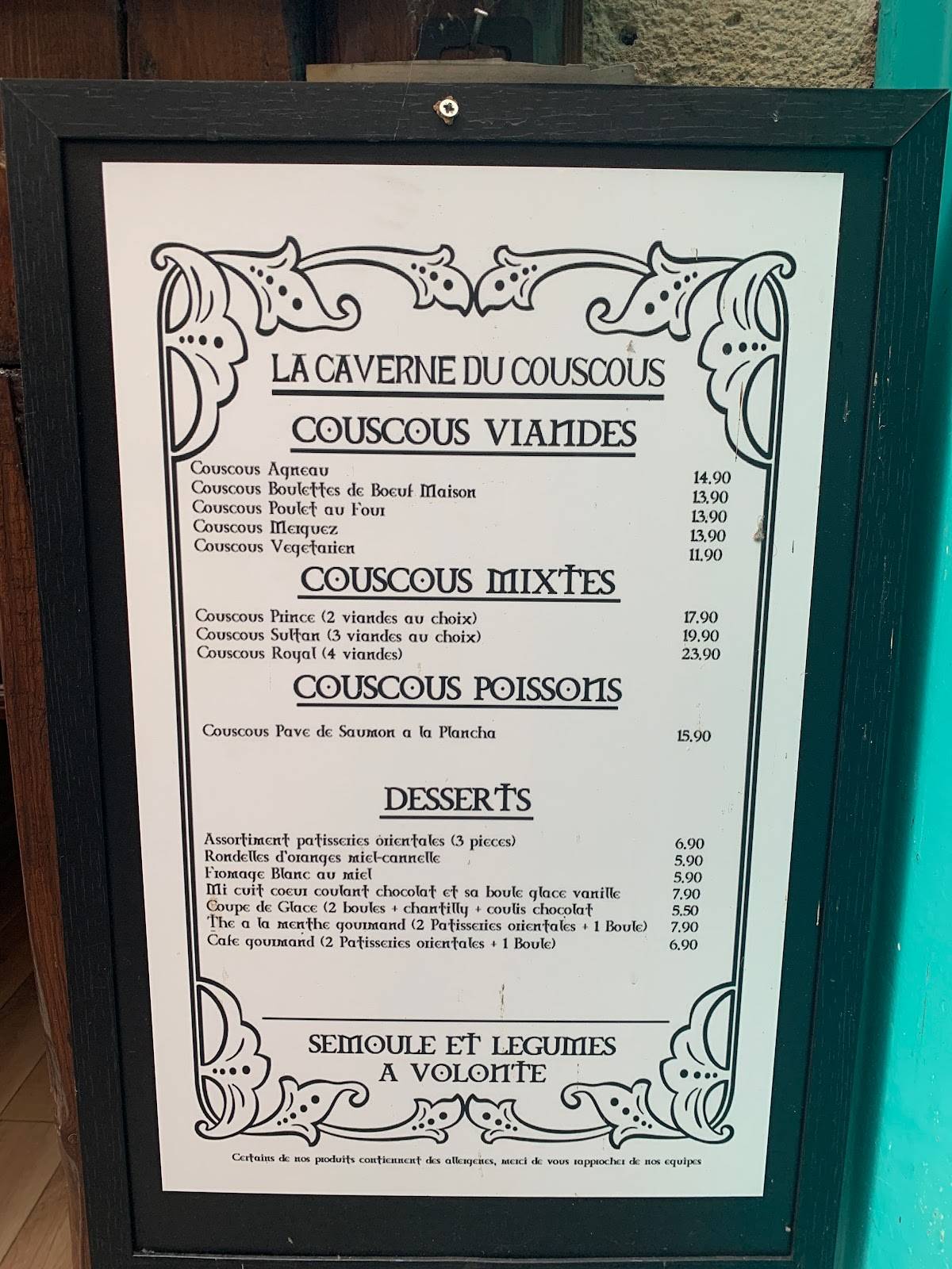 Carta del restaurante LA CAVERNE DU COUSCOUS, Paris