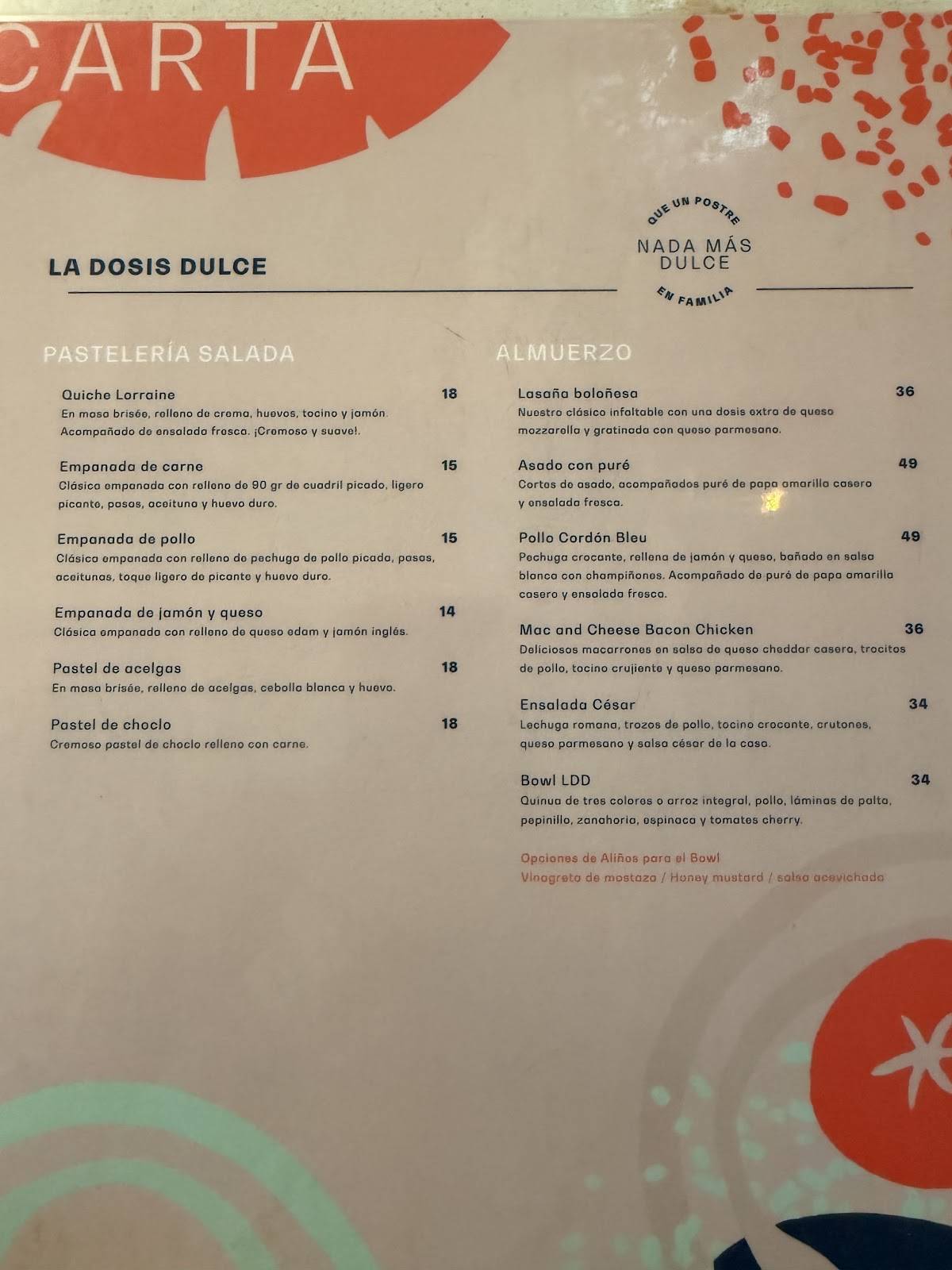 Carta del café LA DOSIS DULCE, Miraflores, Av. Petit Thouars 3694