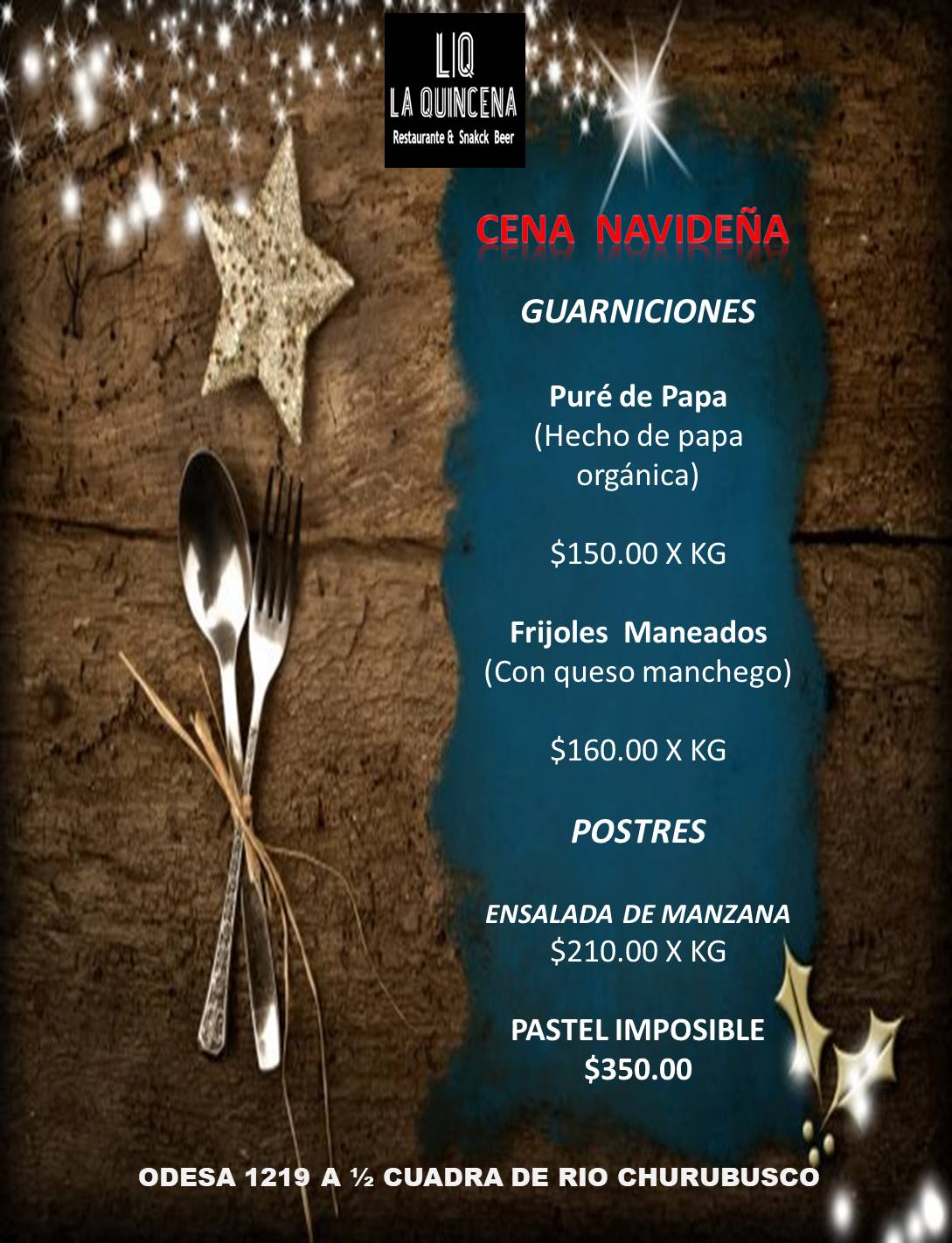 Menu at LA QUINCENA ODESA restaurant, Mexico City