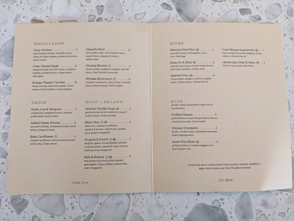 Menu at LADA restaurant, Dallas