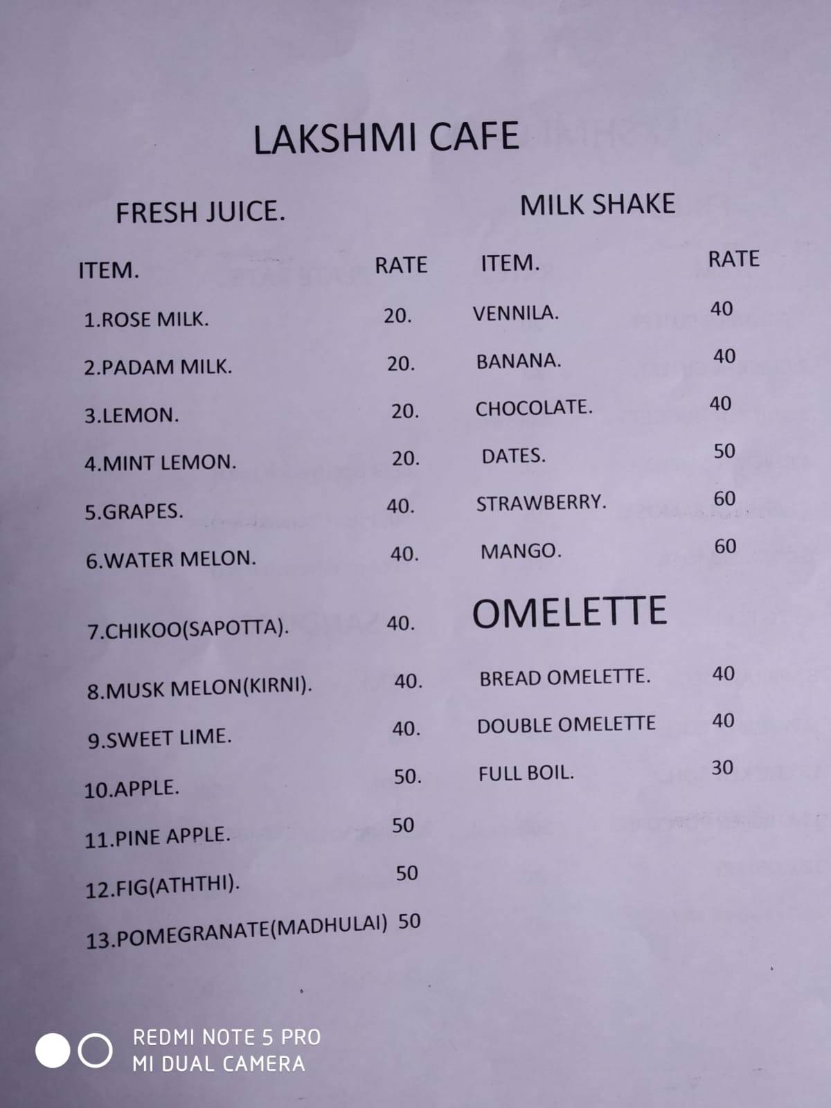 Menu at LAKSHMI CAFE, Chennai, Park