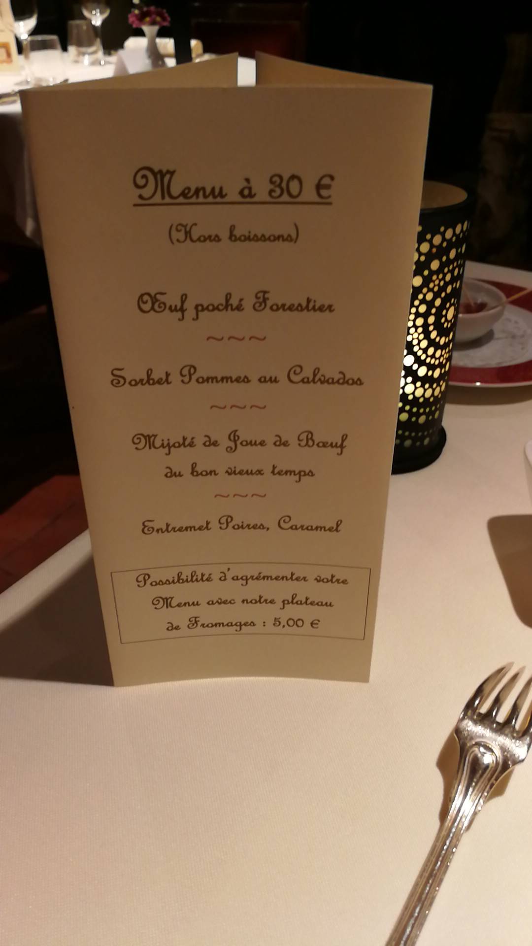 Menu au L'Etape Louis XIII restaurant, Beaumesnil