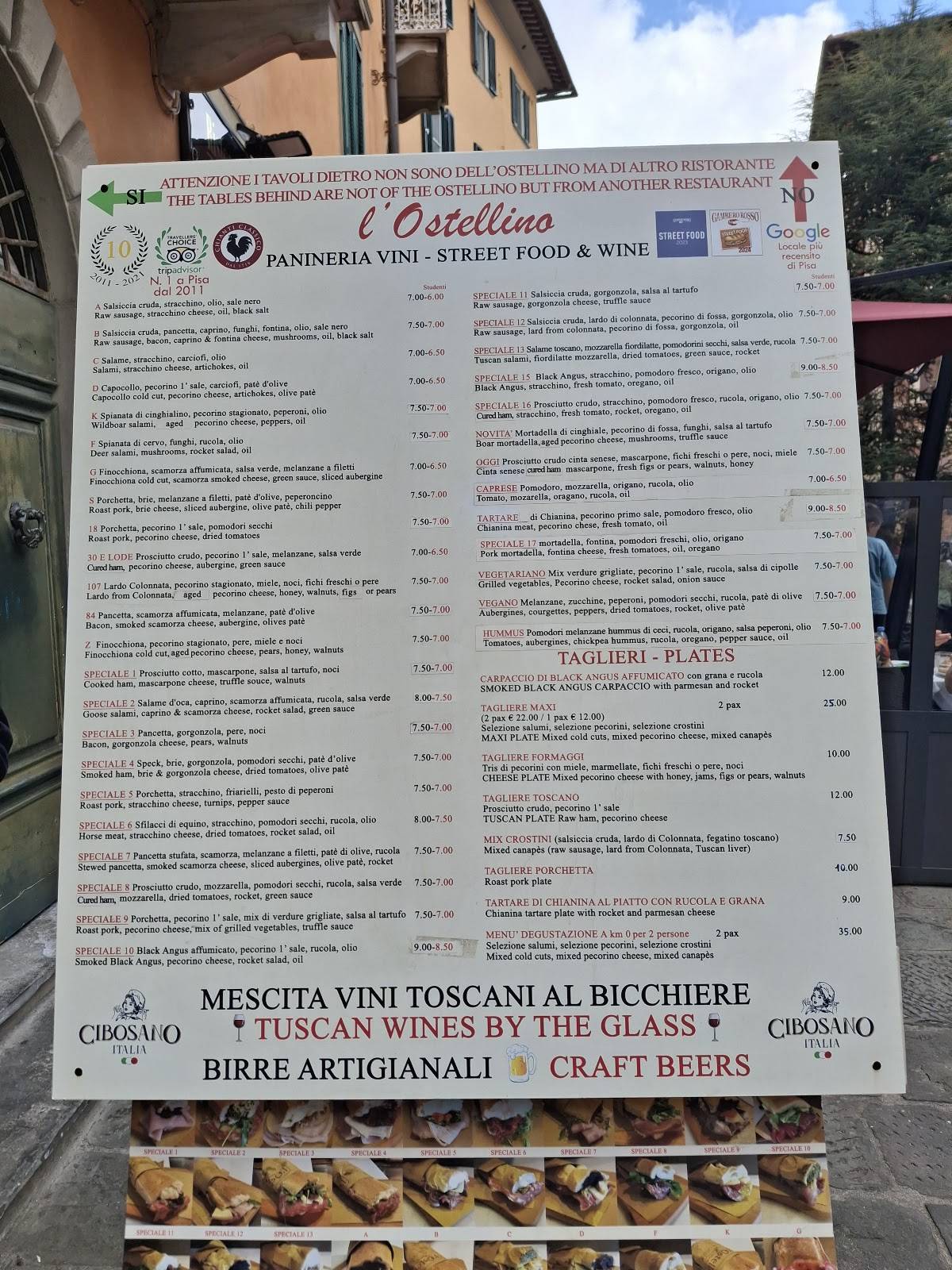 Menu at L'Ostellino restaurant, Pisa