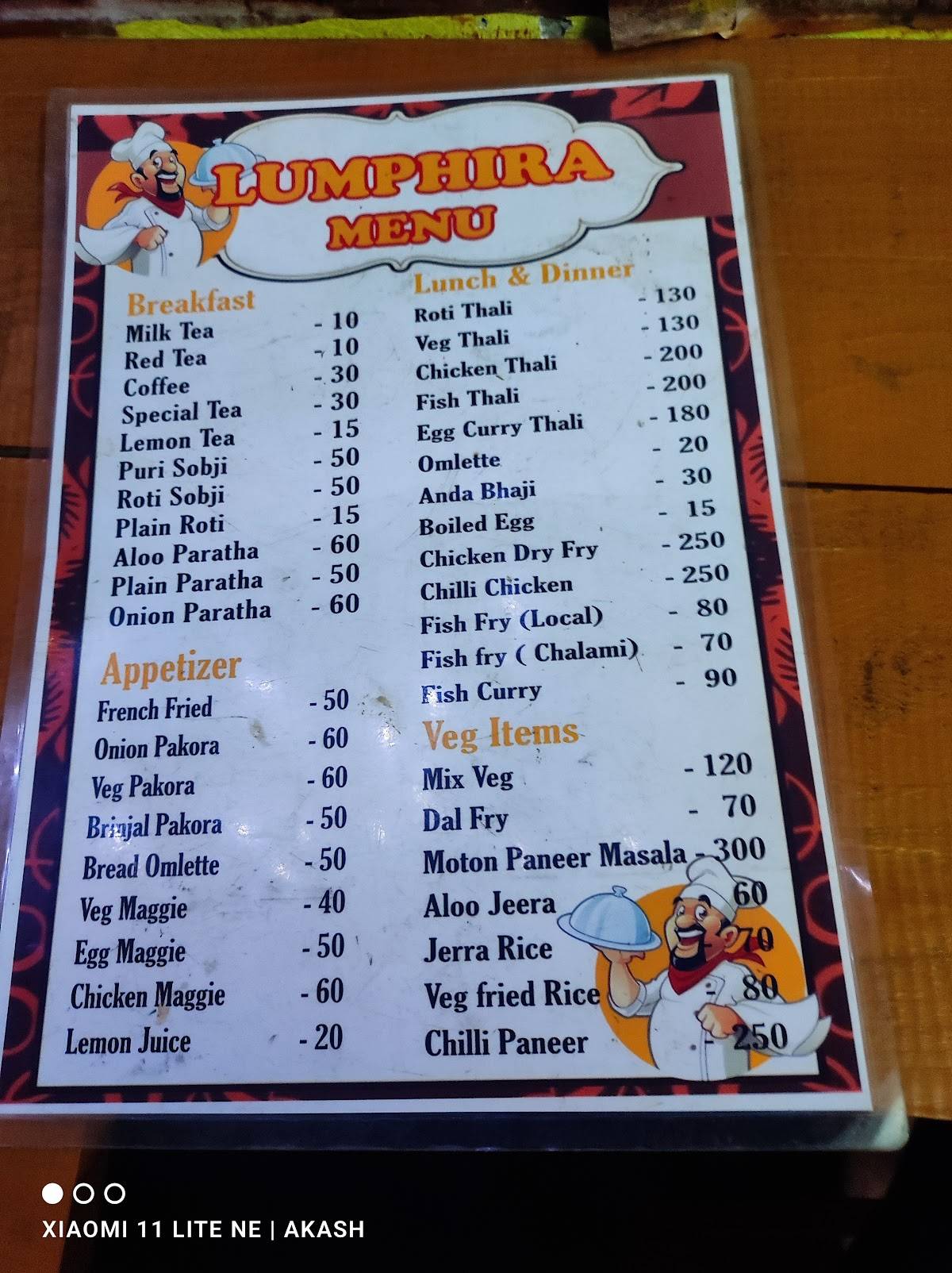 Menu at LUMPHIRA (Assamese and Bengali thali), Cherrapunjee