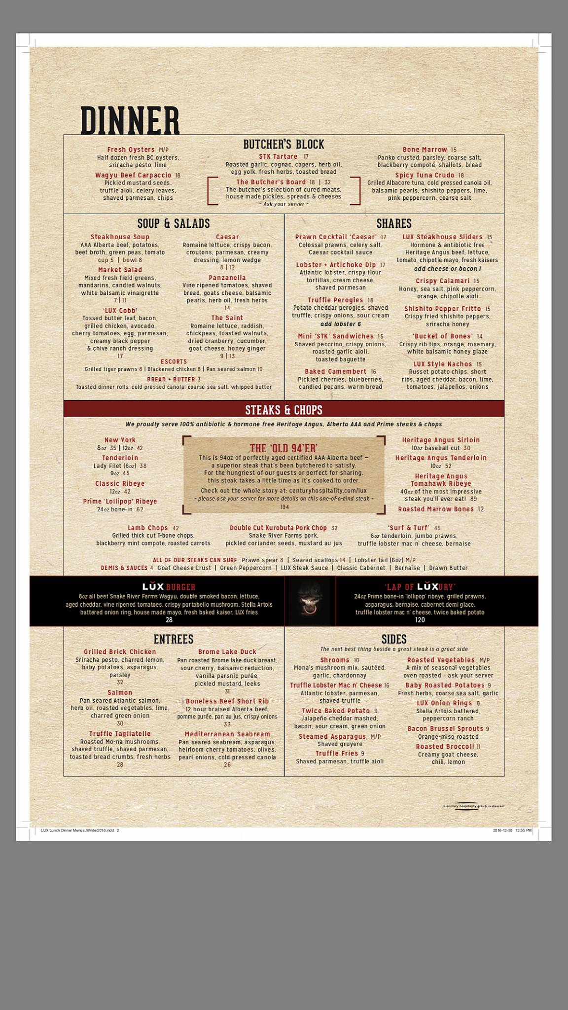 Menu at LUX Steakhouse + BAR94, Edmonton