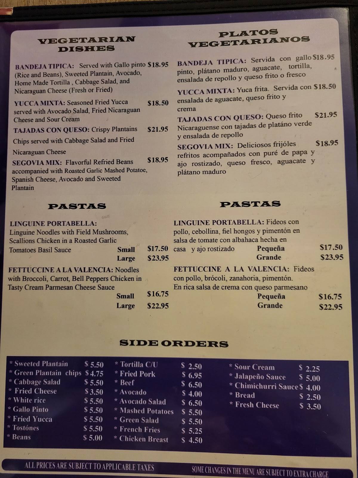 Carta del restaurante La Bella Managua, Toronto